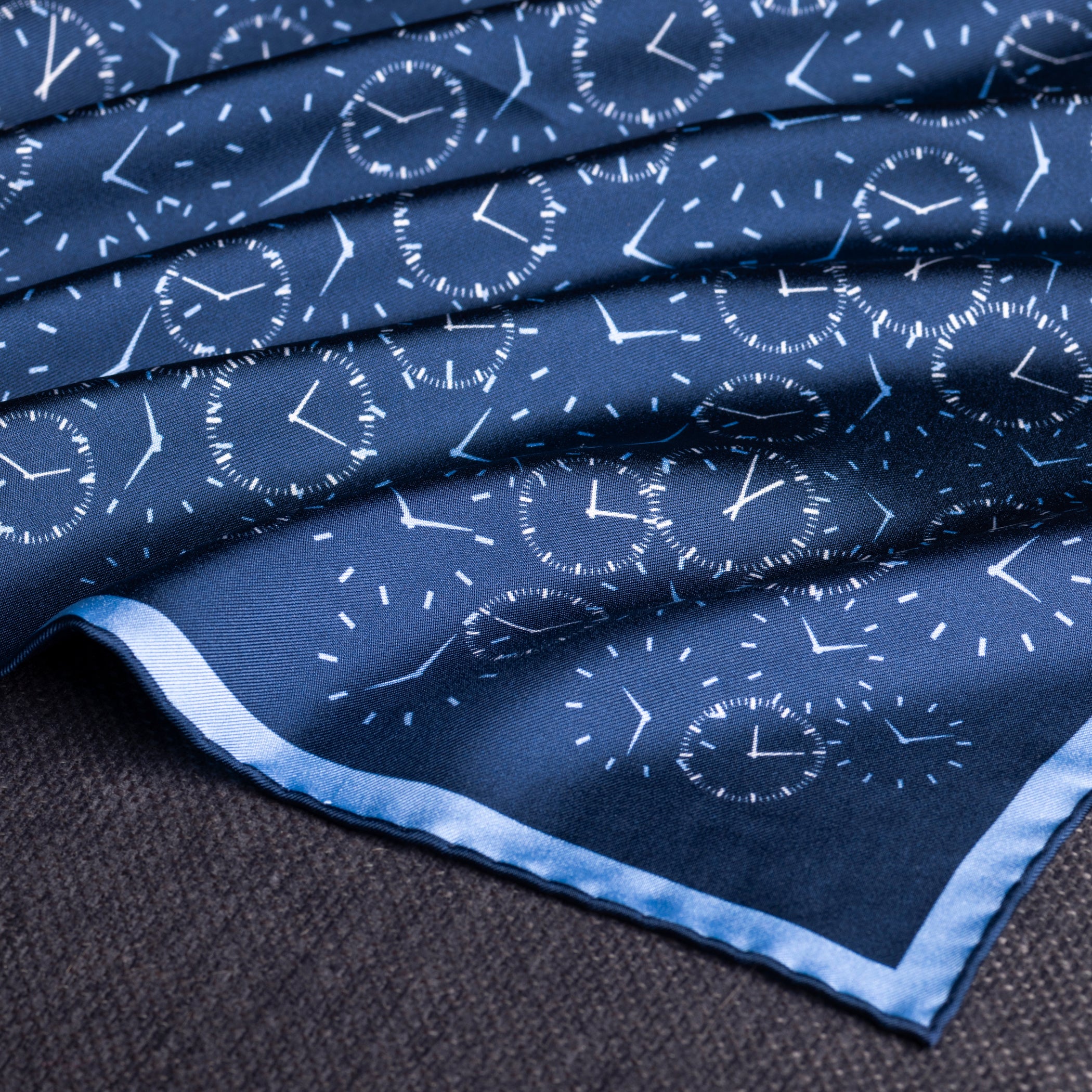 'Chronos' watch design silk pocket square in navy blue with pale blue ...