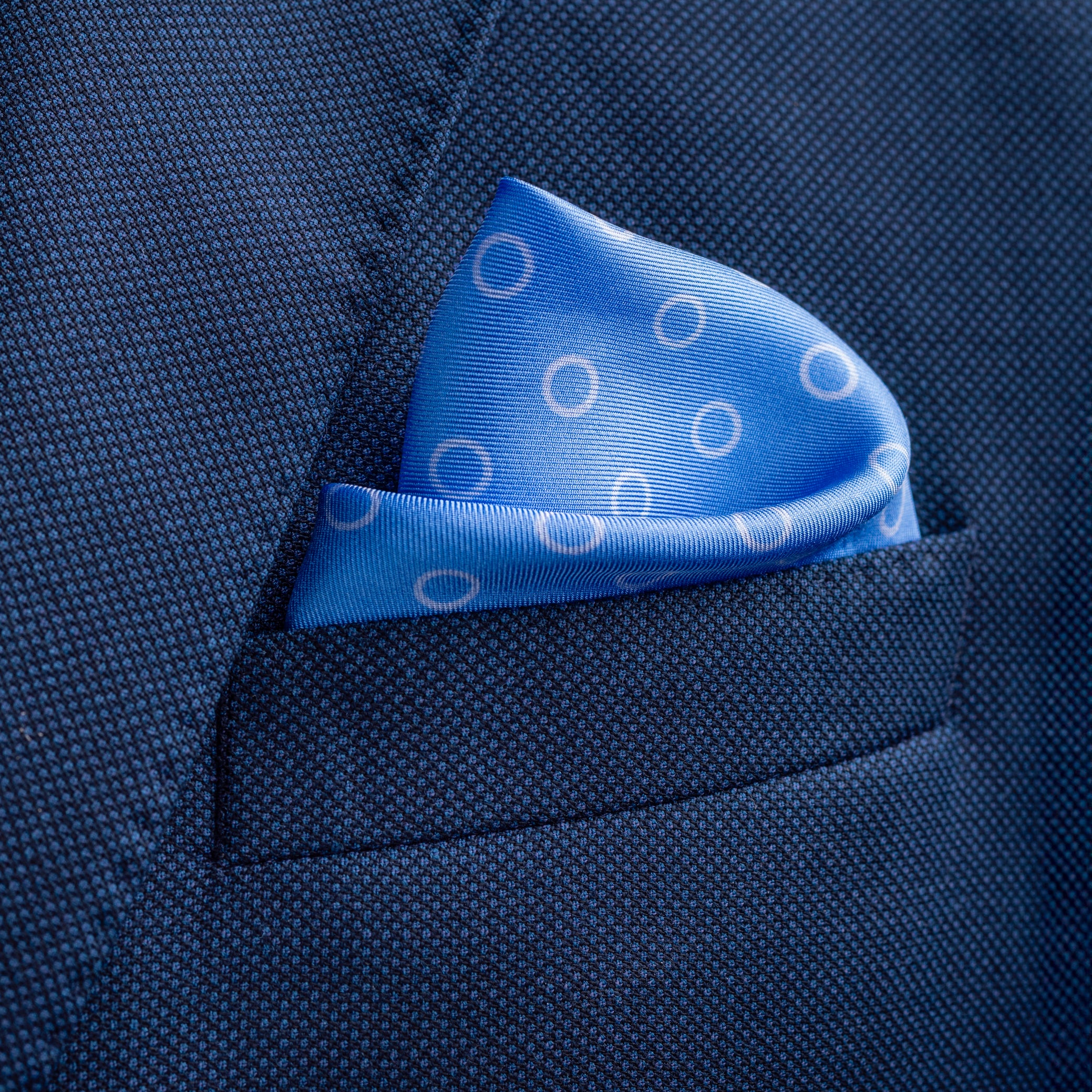 'Luna' polka dot silk pocket square in mid blue (42 x 42cm) – Otway ...