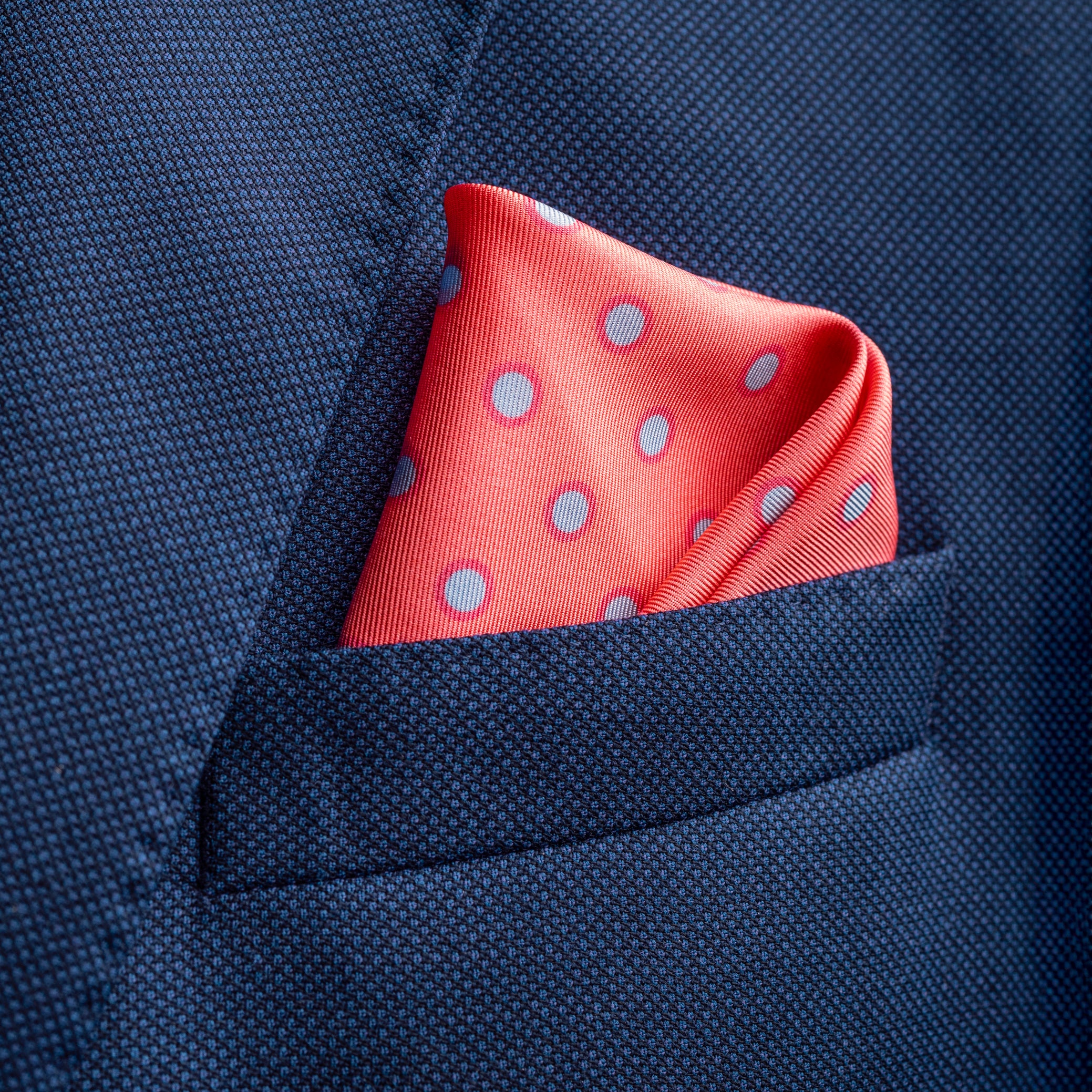 'Luna' polka dot silk pocket square in dusky pink with pale blue (42 x ...